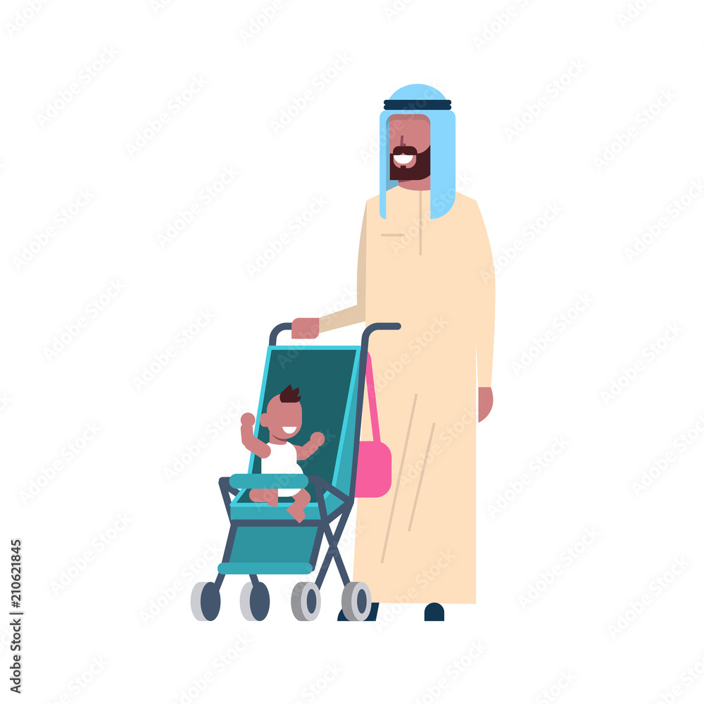 arab father beard with baby son in stroller full length avatar on white ...