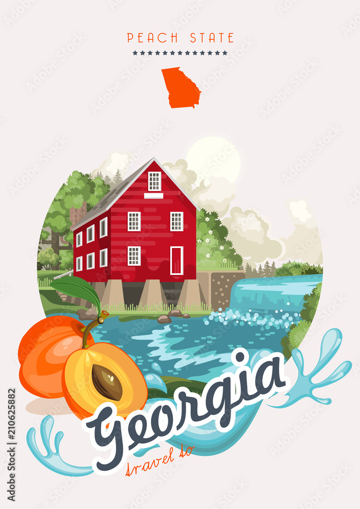 Georgia USA postcard. Peach state vector poster. Travel background in ...