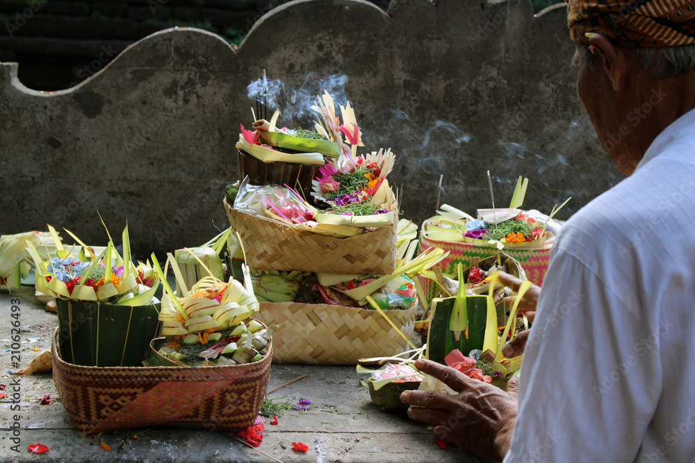 The Balinese daily offerings in Hindu ritual. Locally called "canang ...