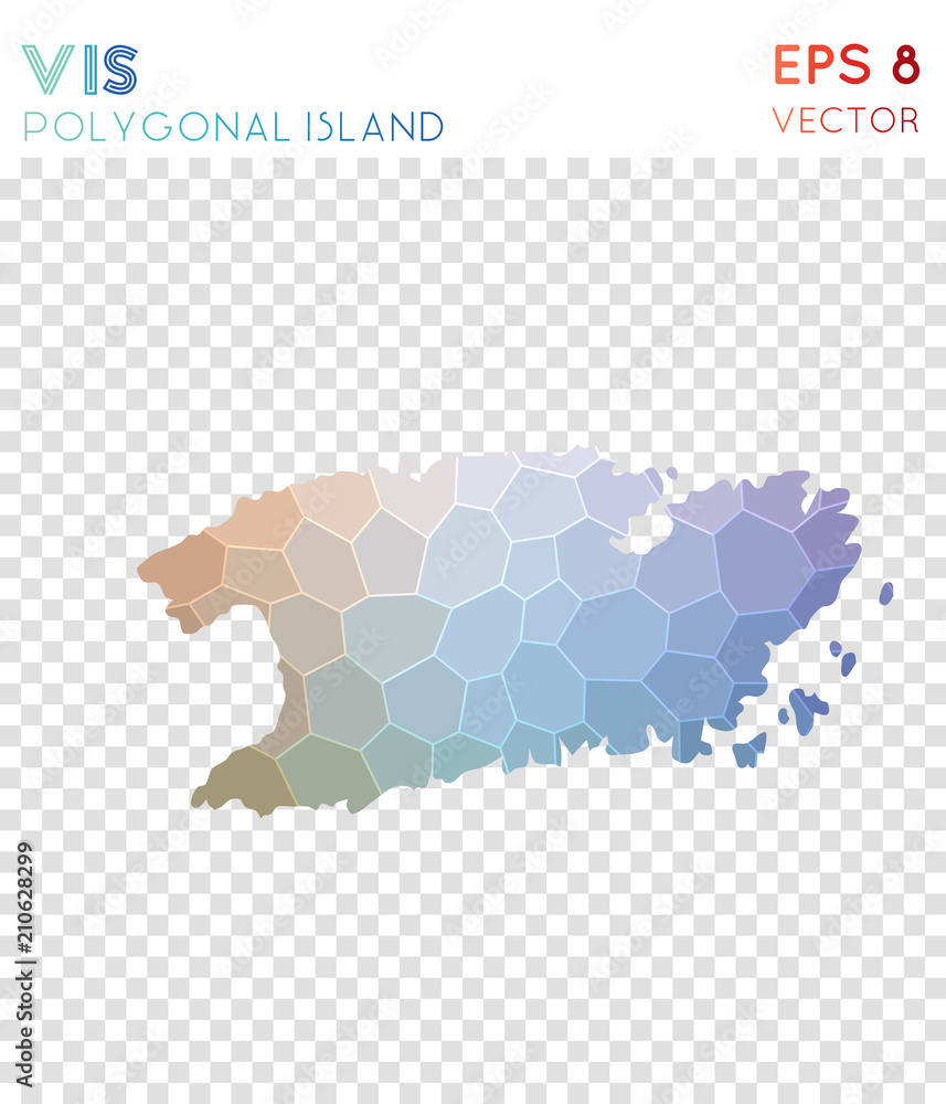 Vis polygonal map, mosaic style island. Radiant low poly style, modern ...