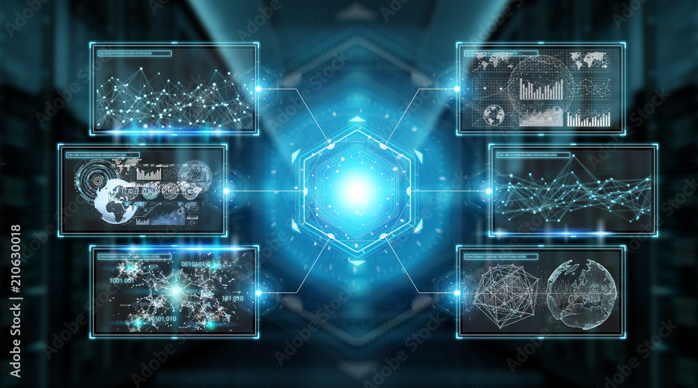 Digital screens interface with holograms datas 3D rendering Stock Photo ...