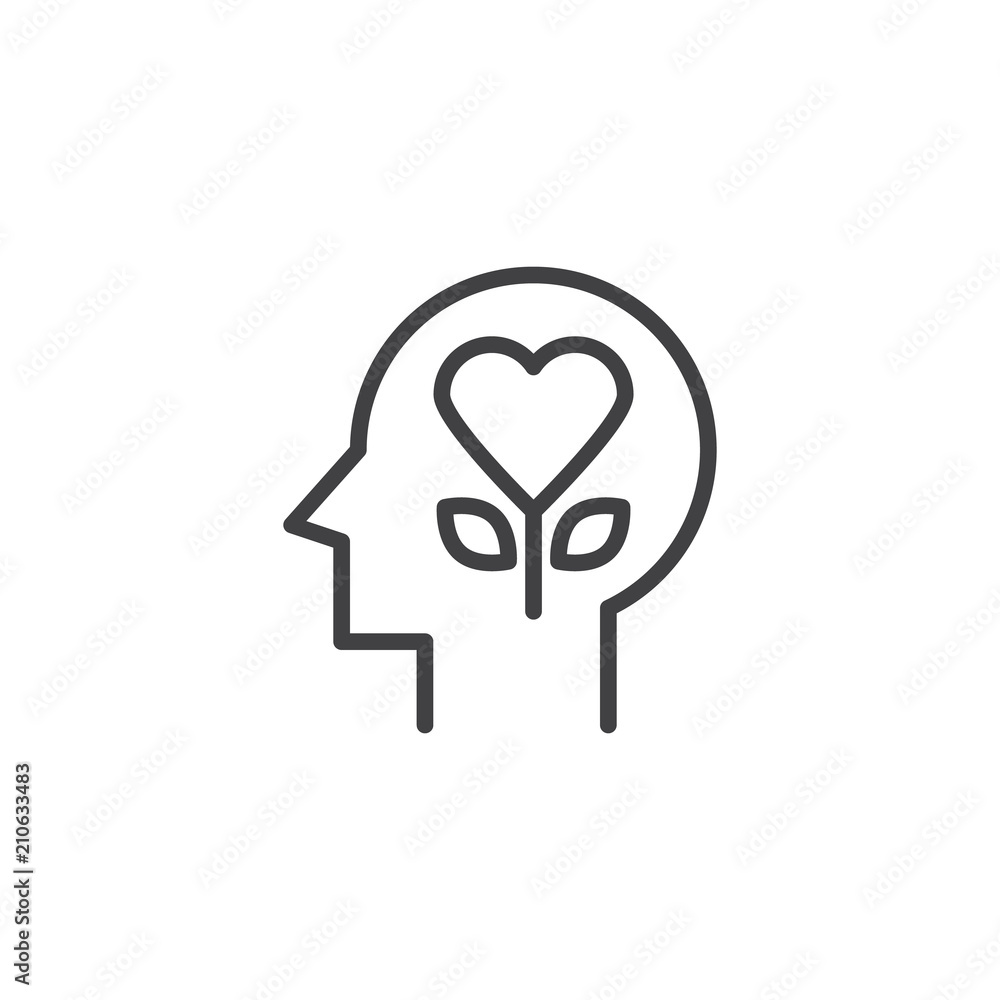 Heart flower in human head outline icon. linear style sign for mobile ...