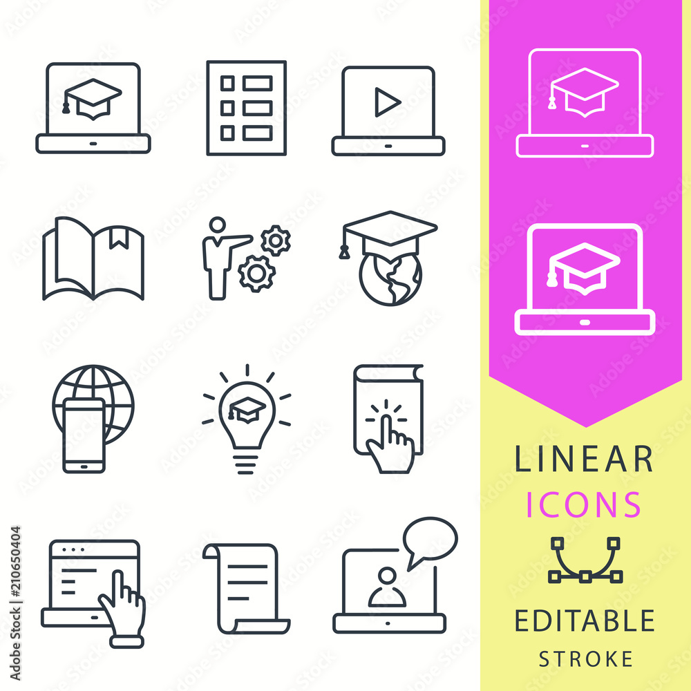 E-learning distance education icons. Set of graduation cap, training ...