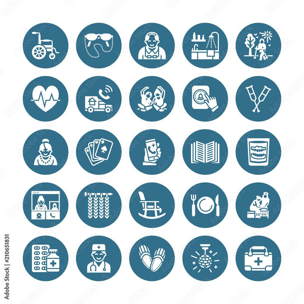 Elderly care vector flat glyph icons. Nursing home elements old people ...