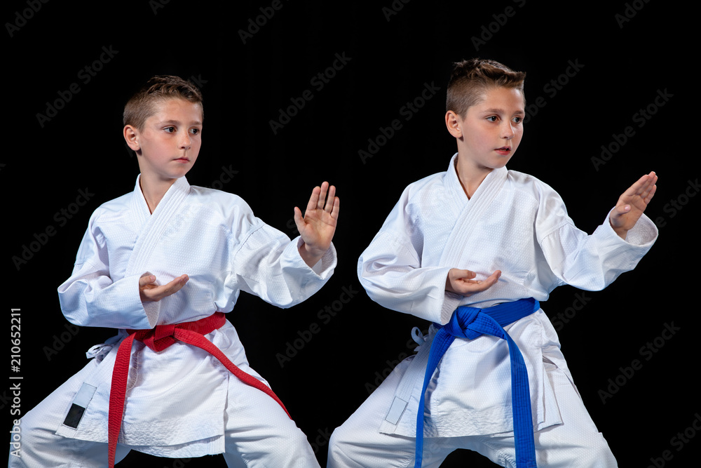two boys training karate kata exercises at test qualification Stock ...