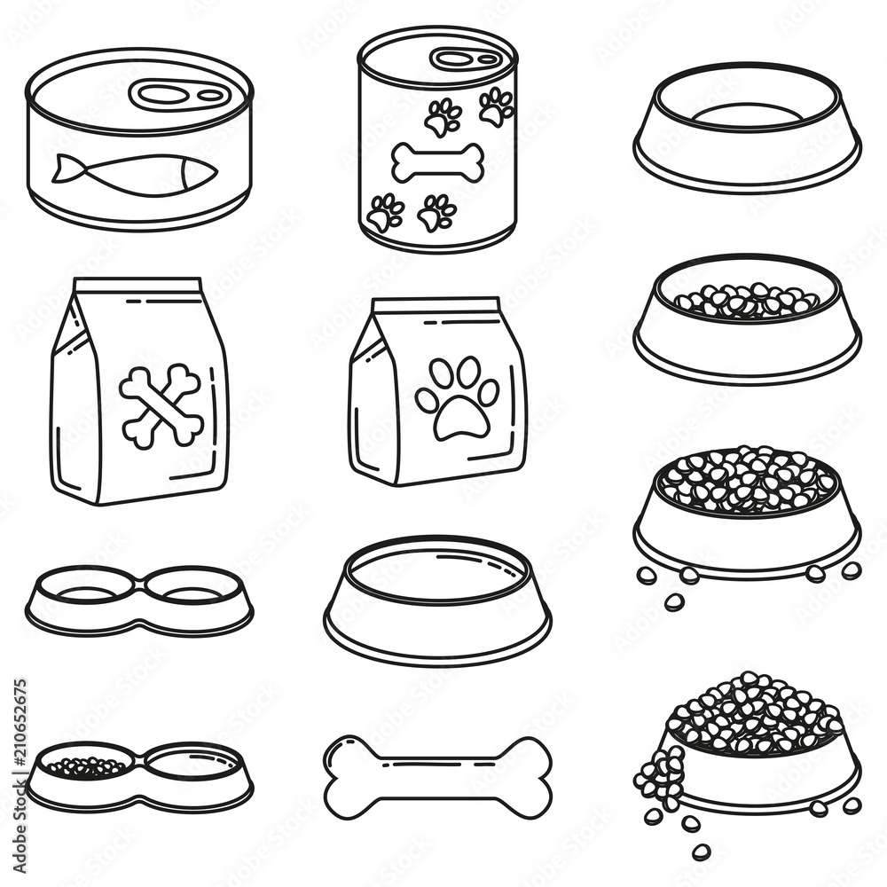 Line art black and white 12 pet food elements Stock Vector | Adobe Stock