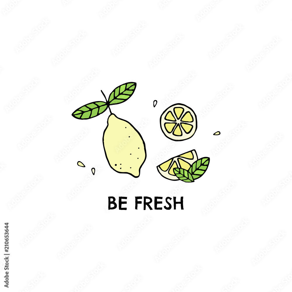 Vector illustration, hand drawn cartoon cute lemon with leaves and ...