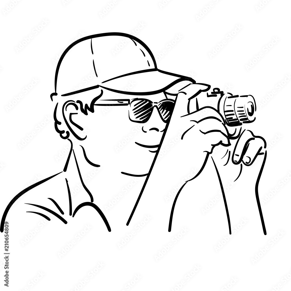 Male with camera close-up: drawing, sketch, isolated, black and white ...