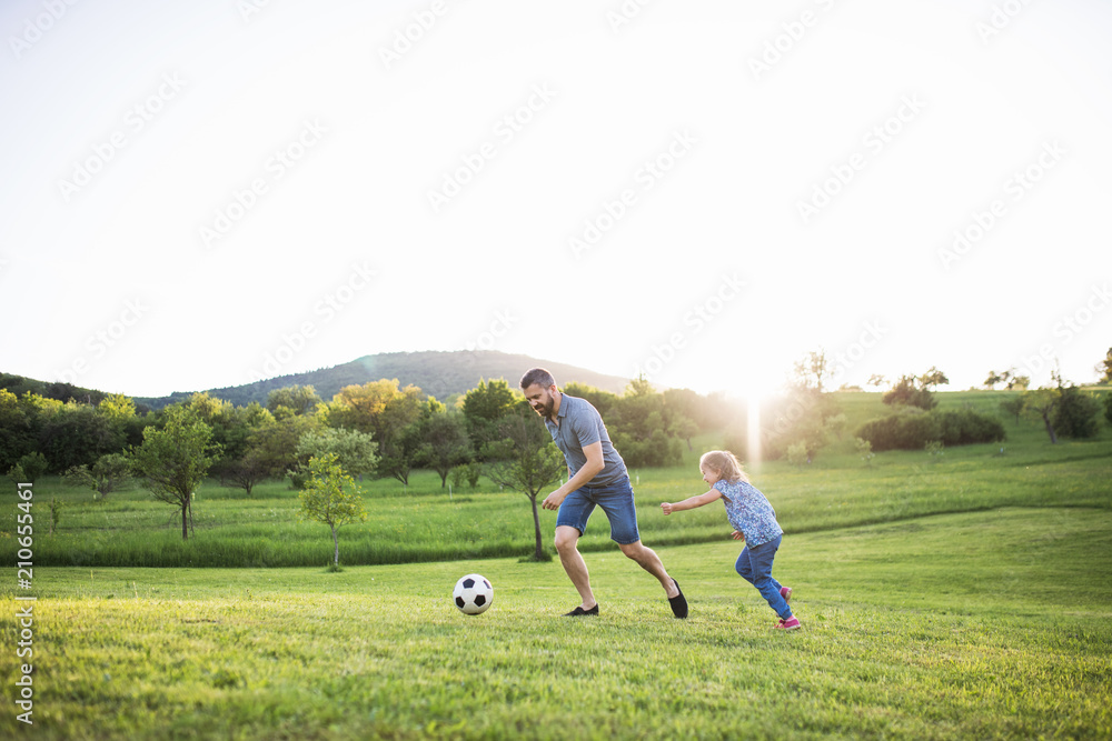 Father with a small daughter playing with a ball in spring nature ...