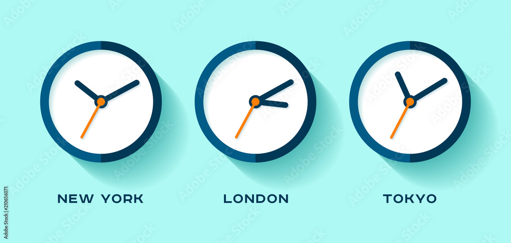 World time. Simple Clock icons in flat style. New York, London, Tokyo ...
