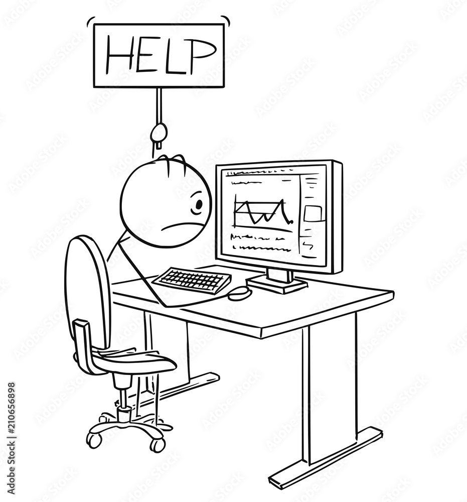 Cartoon stick drawing conceptual illustration of tired, stressed or ...