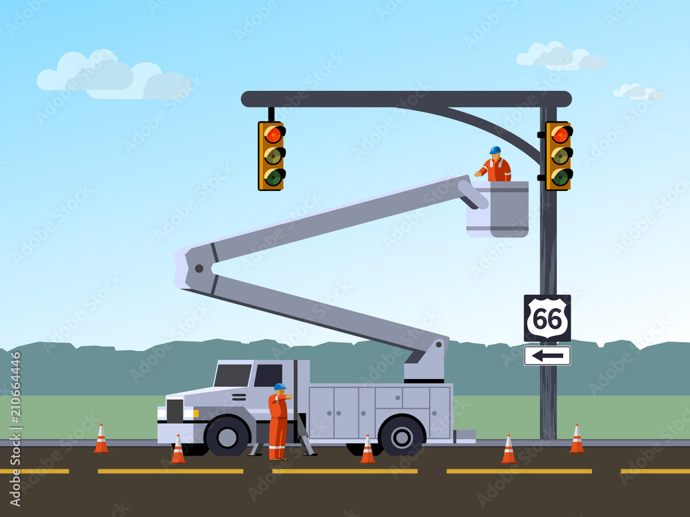 Vetor de Bucket truck service electrician worker repair or reinstall ...