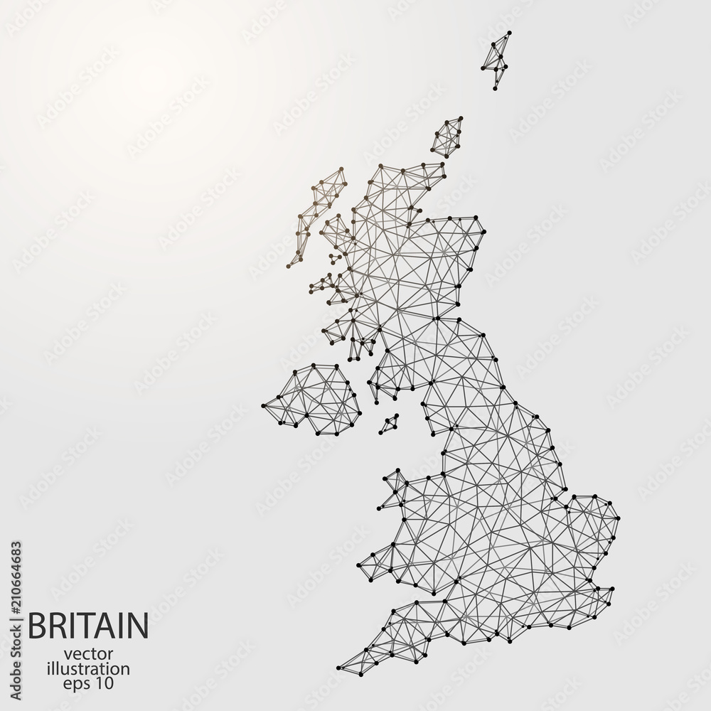 A map of Britain consisting of 3D triangles, lines, points, and ...