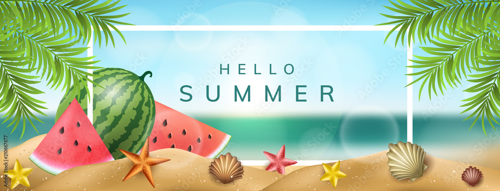 Horizontal banner frame with summer beach, palm tree, watermelon and ...