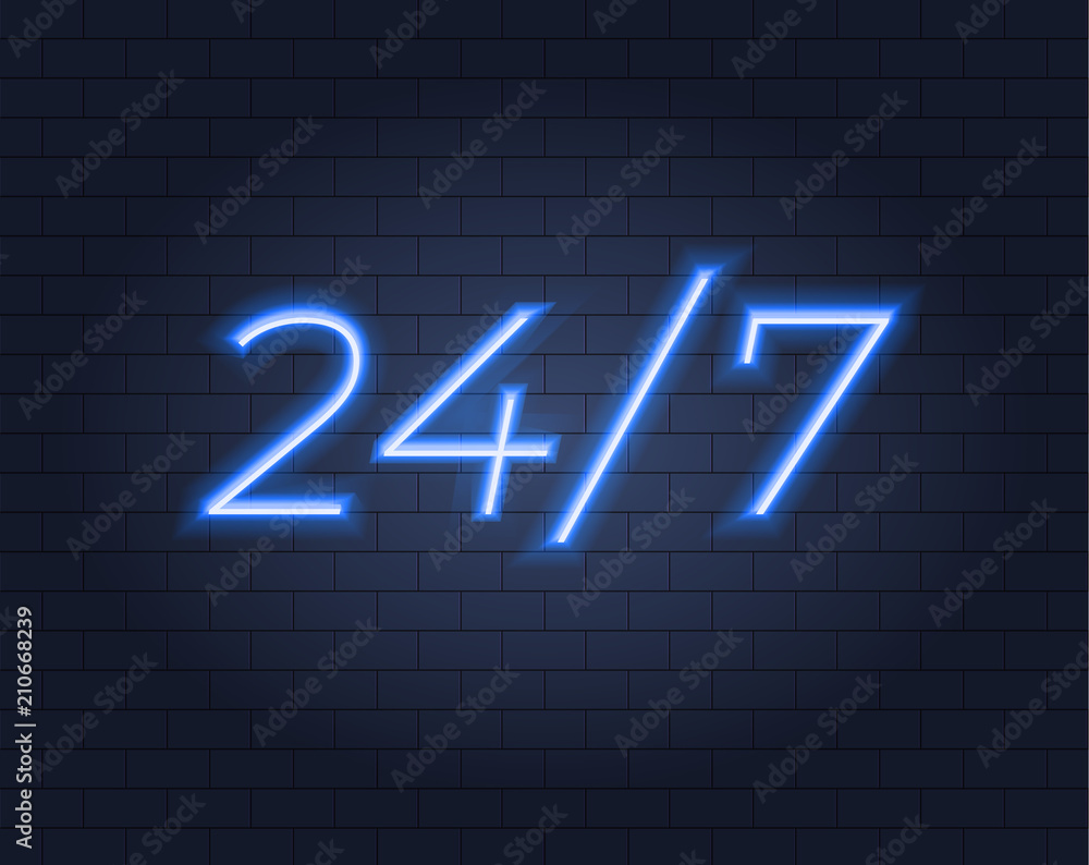 Vector Neon 24 7 Icon, Shining Banner Template, Blue Glowing Lines ...