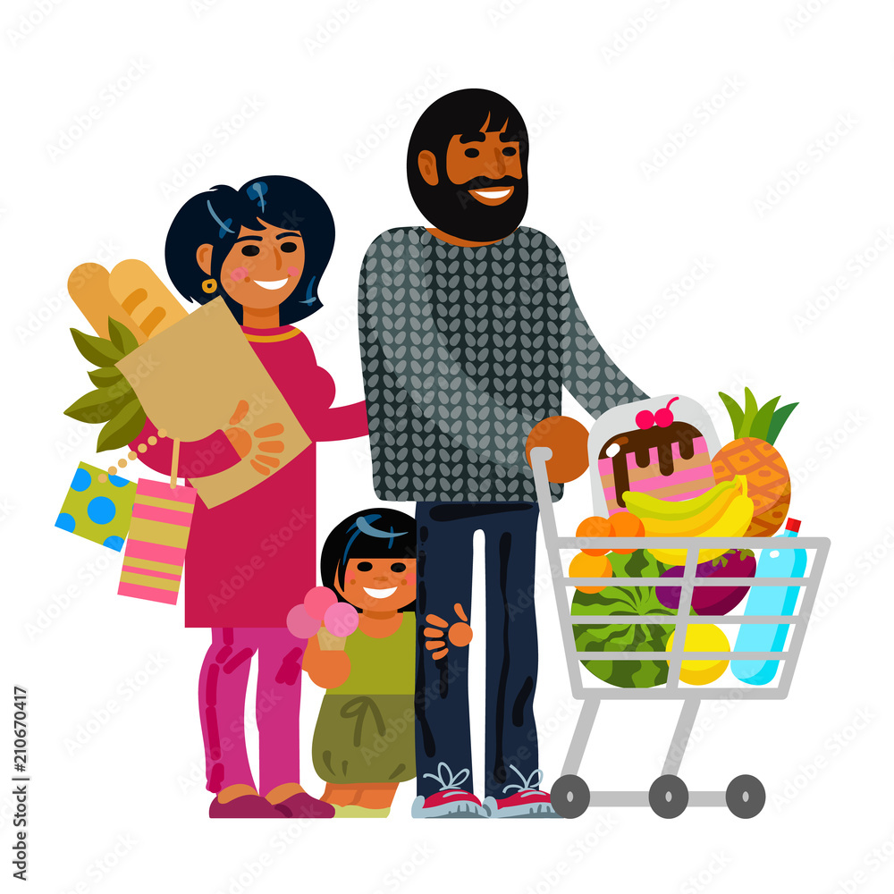 Young family with shopping bags and trolley cart. Cartoon flat ...