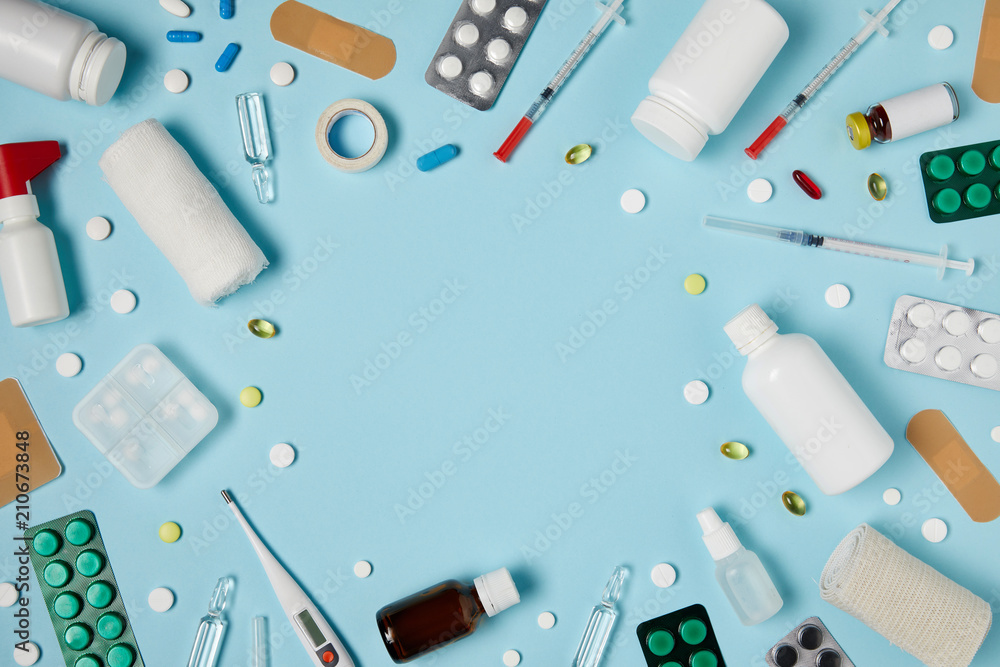top view of frame made of different medicines on blue surface Stock ...