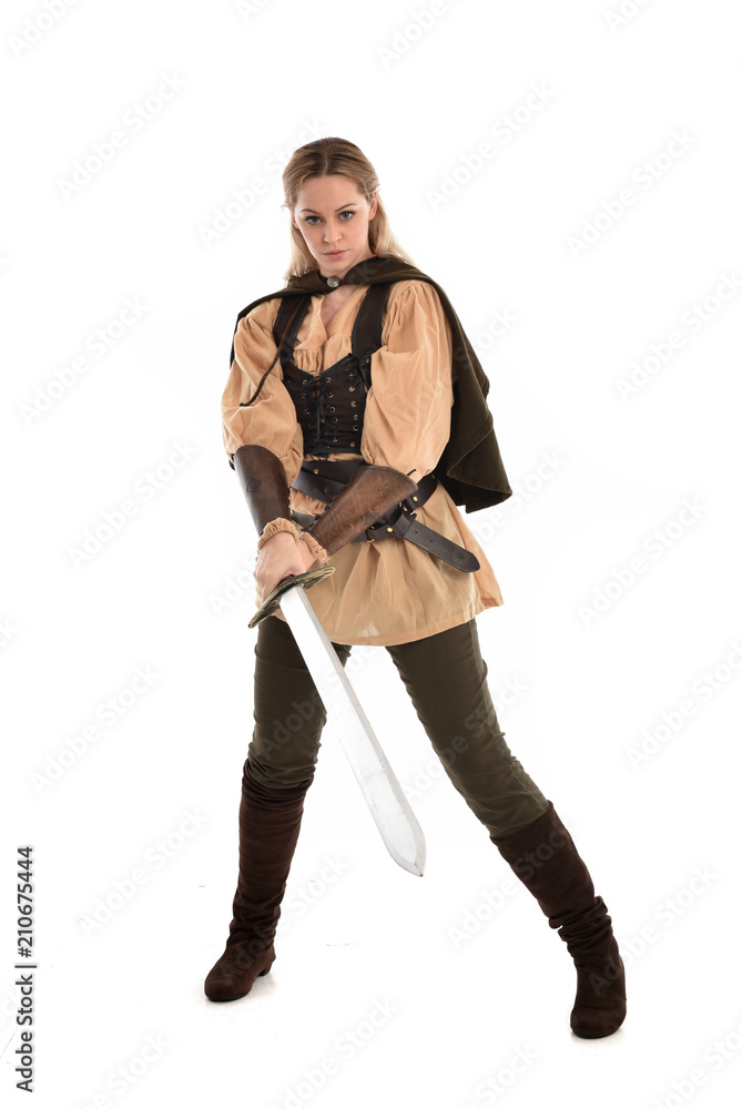 full length portrait of girl wearing brown medieval costume,. standing ...