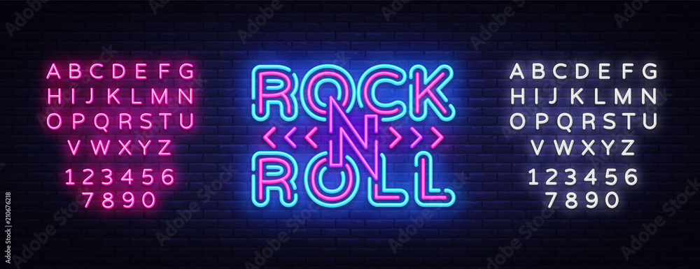 Rock and Roll logo in neon style. Rock Music neon night signboard ...