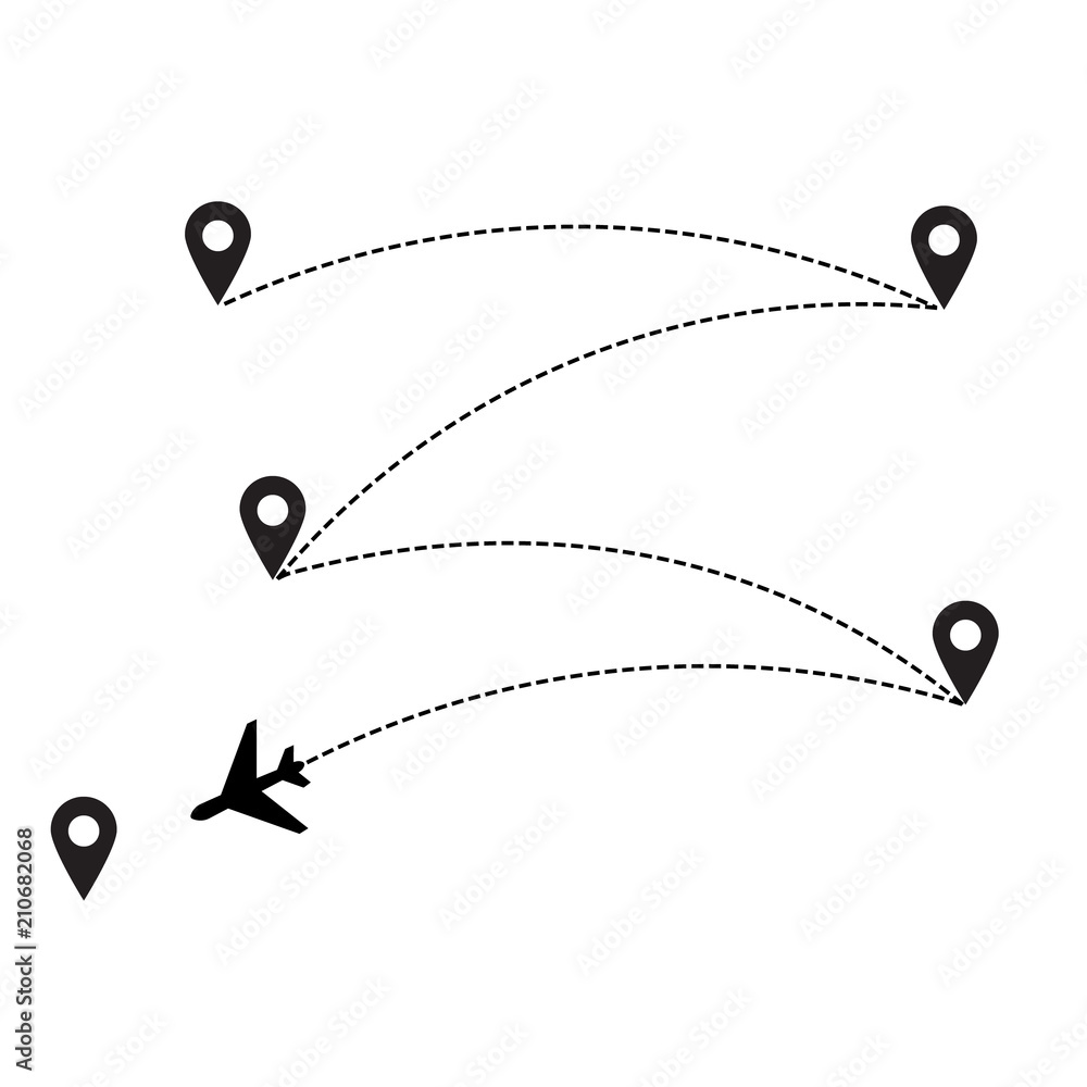 Airplane line path vector icon of air plane flight route with start ...