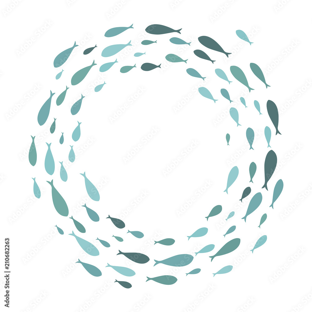 Colored silhouettes school of fish. A group of silhouette fish swim in ...