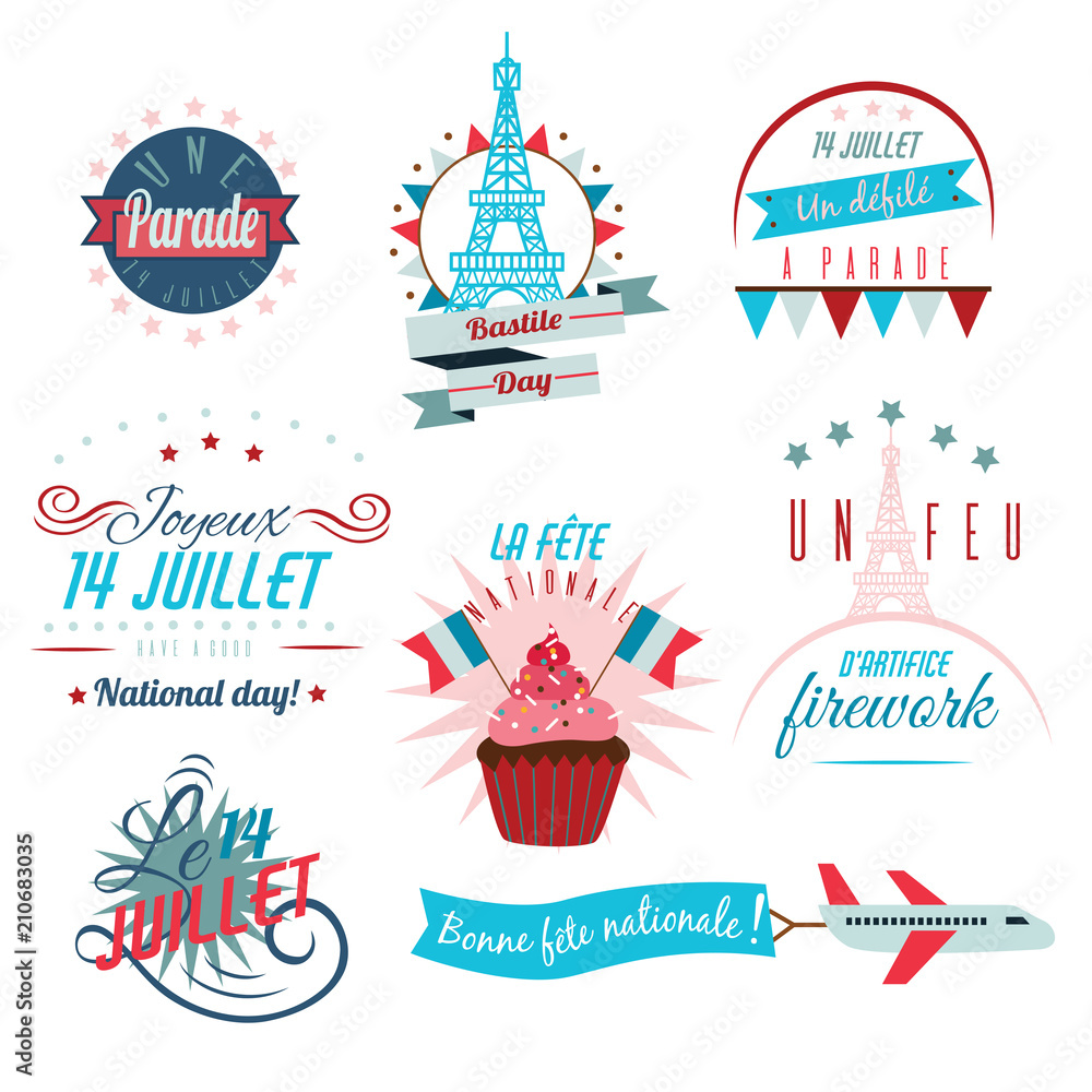 Set of Happy Bastille Day greetings card design. 14th july independence ...
