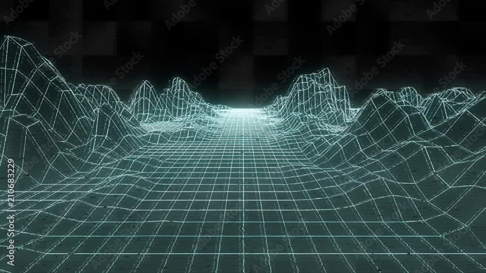 Hologram neon low poly grid landscape animation with interference ...