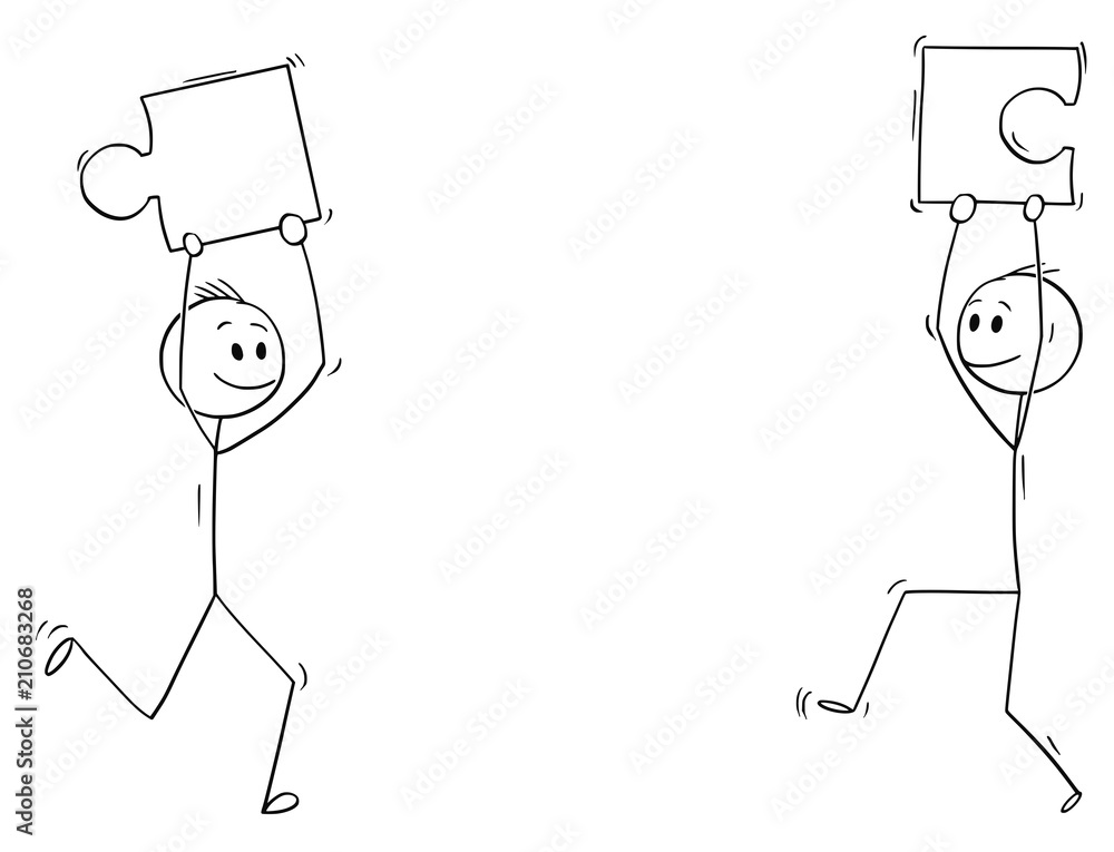 Cartoon stick drawing conceptual illustration of two men or businessmen ...