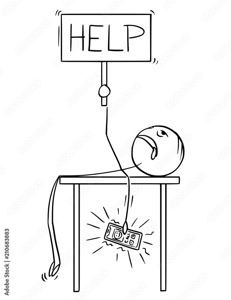 Cartoon stick drawing conceptual illustration of tired or overworked ...