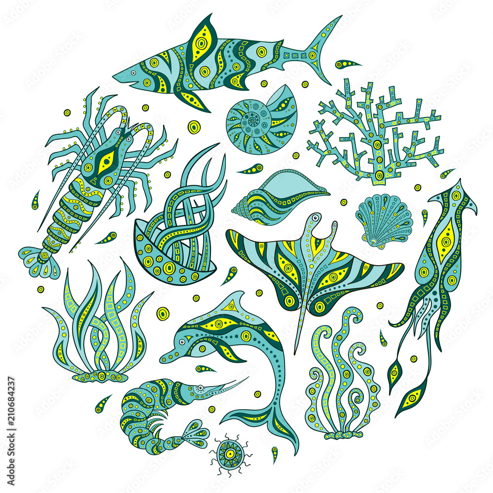 A set of hand-drawn marine animals. The underwater world of doodle ...