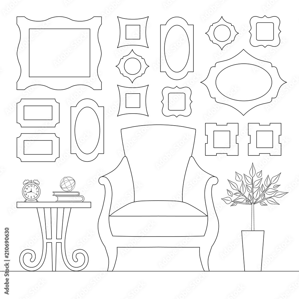 Vector recreational zone in a linear style. Interior Design. Plan of ...
