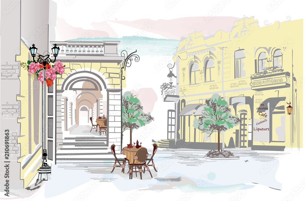 Series of colorful street views in the old city. Hand drawn vector ...
