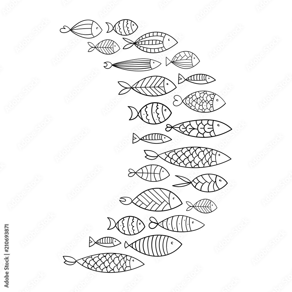 School of fish. Stylized group of stylized fishes swimming in the pack ...