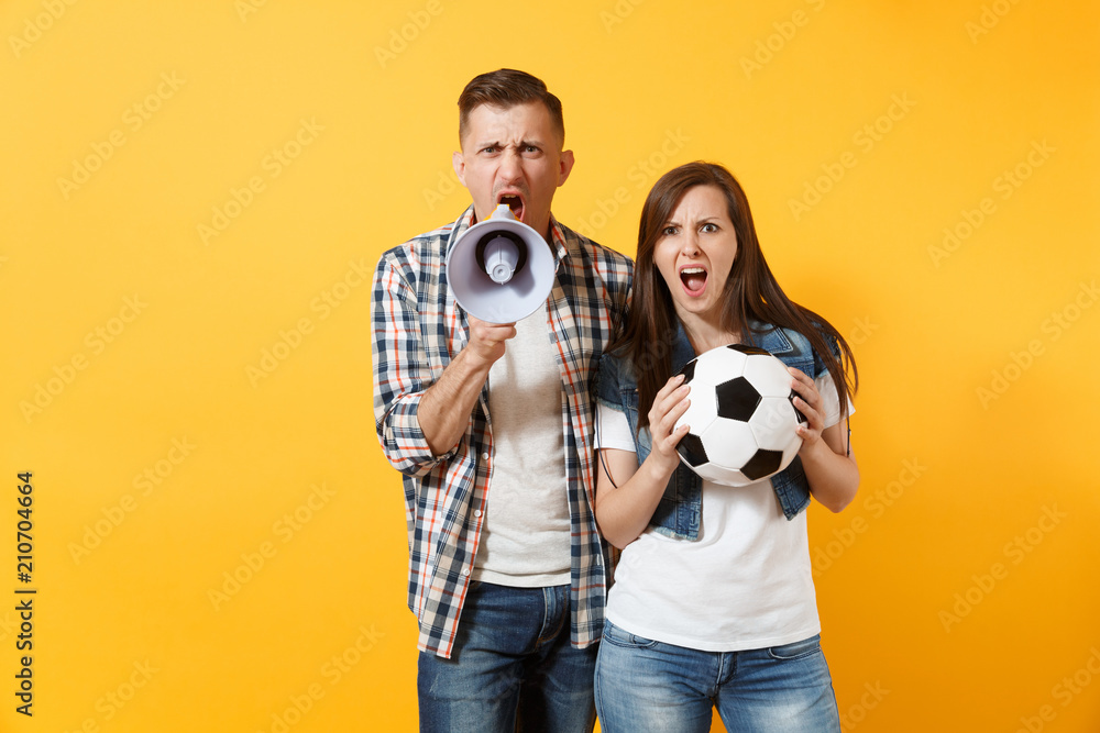 Angry fun expessive couple, woman man football fans screaming, cheer up ...