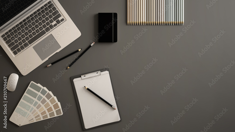 Stylish minimal office table desk. Workspace with laptop, notebook ...