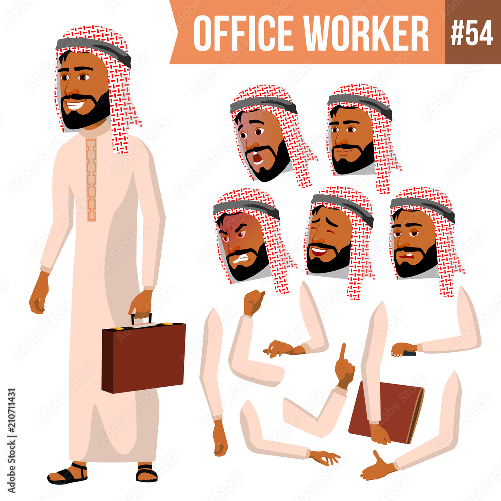 Arab Office Worker Vector. Saudi, Emirates, Qatar, Uae. Face Emotions ...