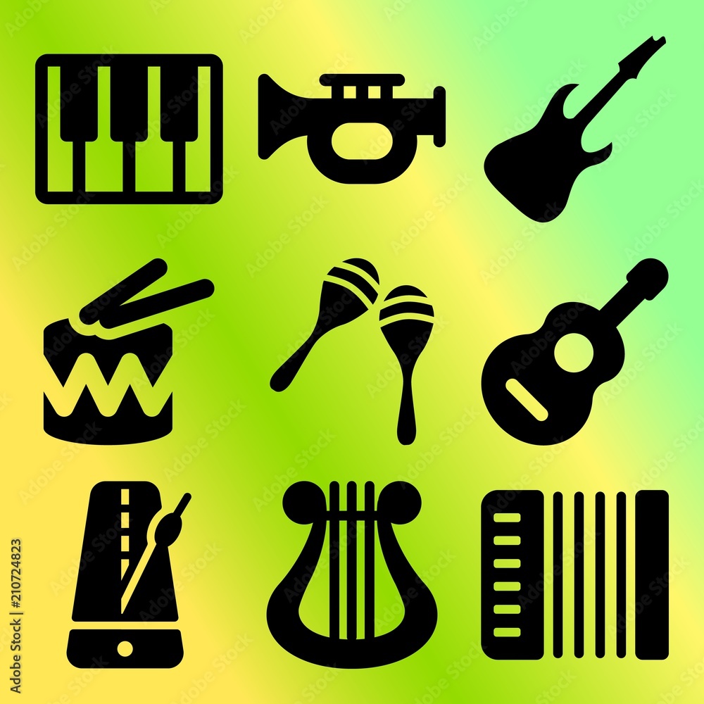 Vector icon set about music instruments with 9 icons related to band ...