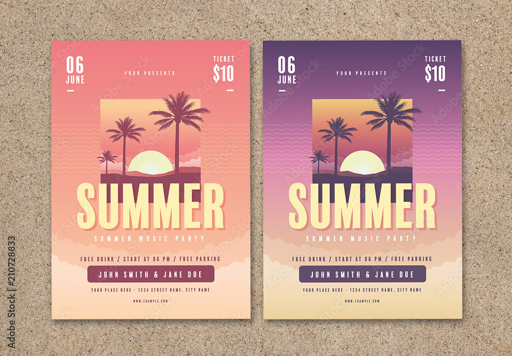Summer-Themed Flyer with Sunset Illustration Stock Template | Adobe Stock
