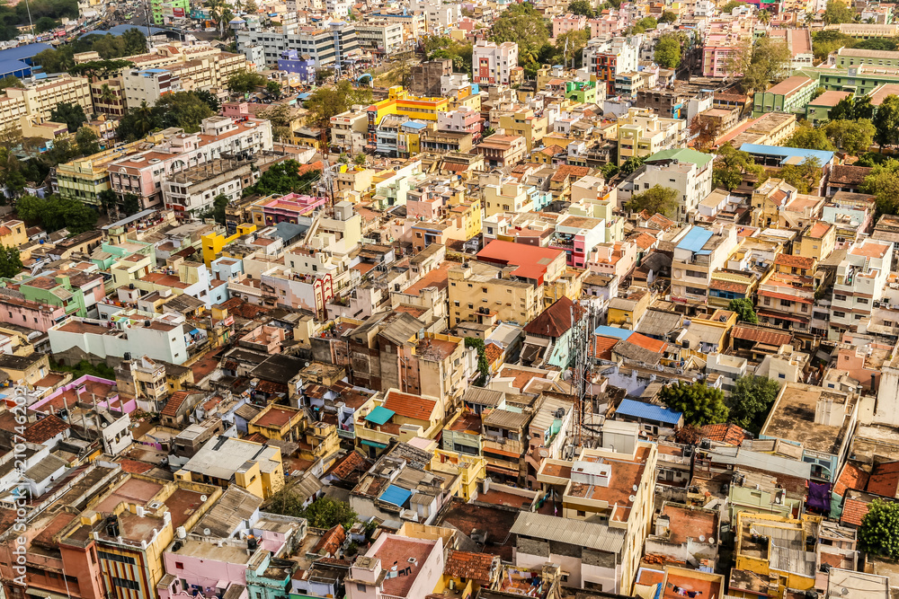 Aerial view of Thanjavur (Tanjore) full of houses and roof, Tamil Nadu ...