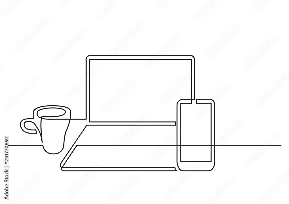 continuous line drawing of laptop computer mobile phone Stock Vector ...