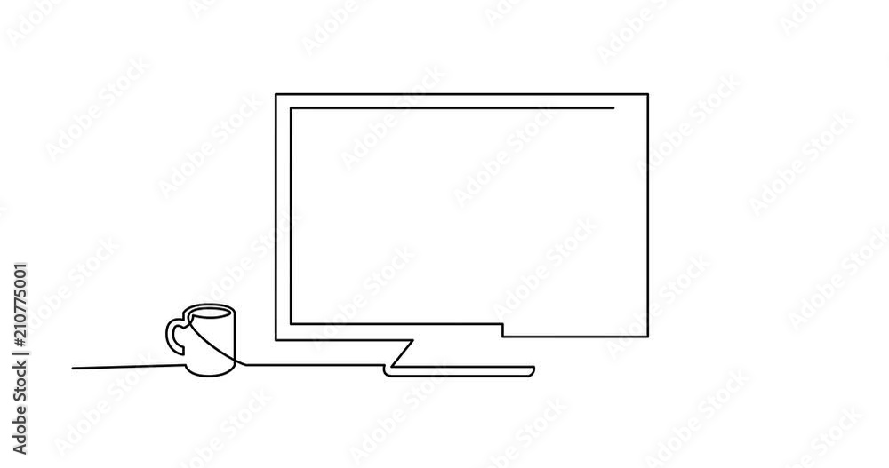 continuous line drawing of work desk computer and coffee Stock Video ...