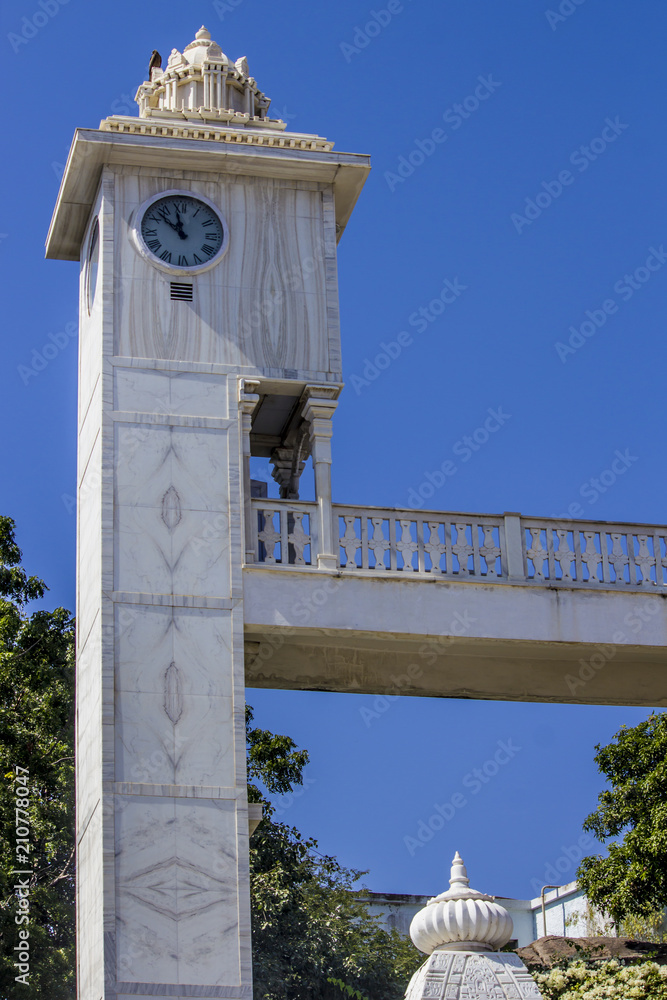 View of the White Marble Clock Tower at the Birla Mandir Temple in ...
