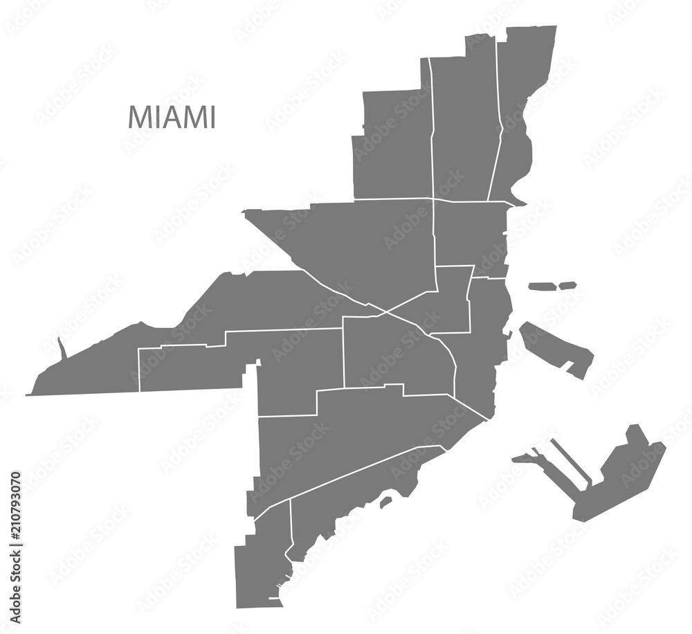 Miami Florida city map with neighborhoods grey illustration silhouette ...