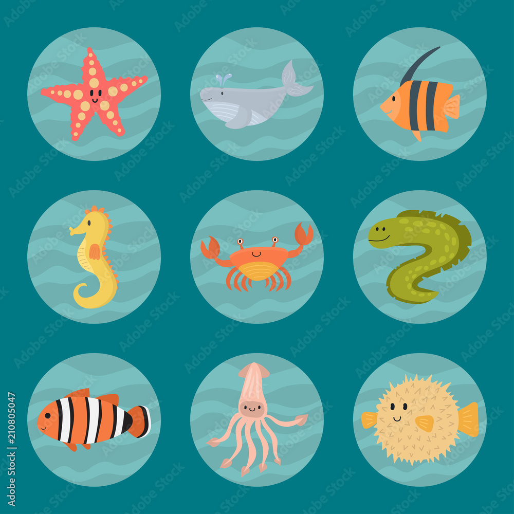 Sea animals vector creatures characters cartoon ocean wildlife marine ...