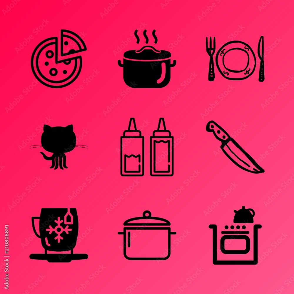 Vector icon set about kitchen with 9 icons related to lunch, cooking ...
