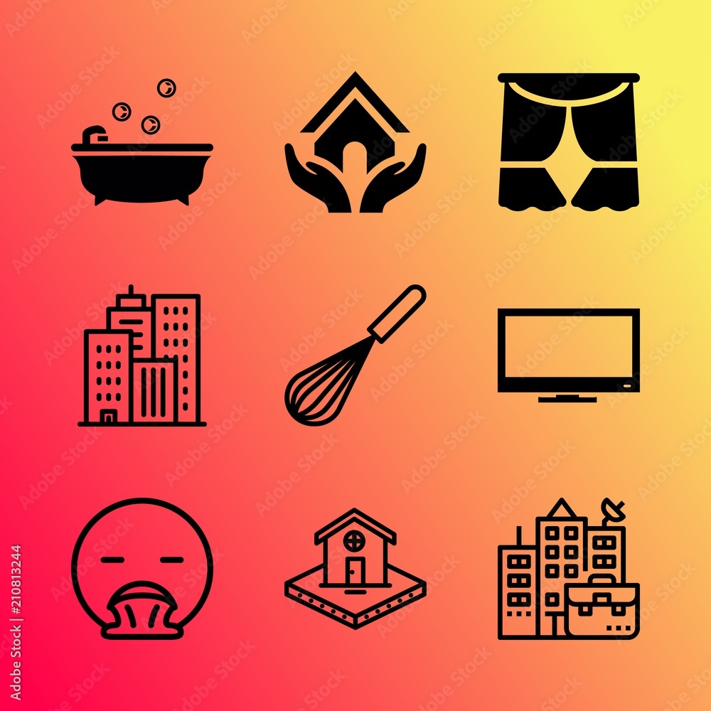 Vector icon set about home with 9 icons related to girl, village, couch ...