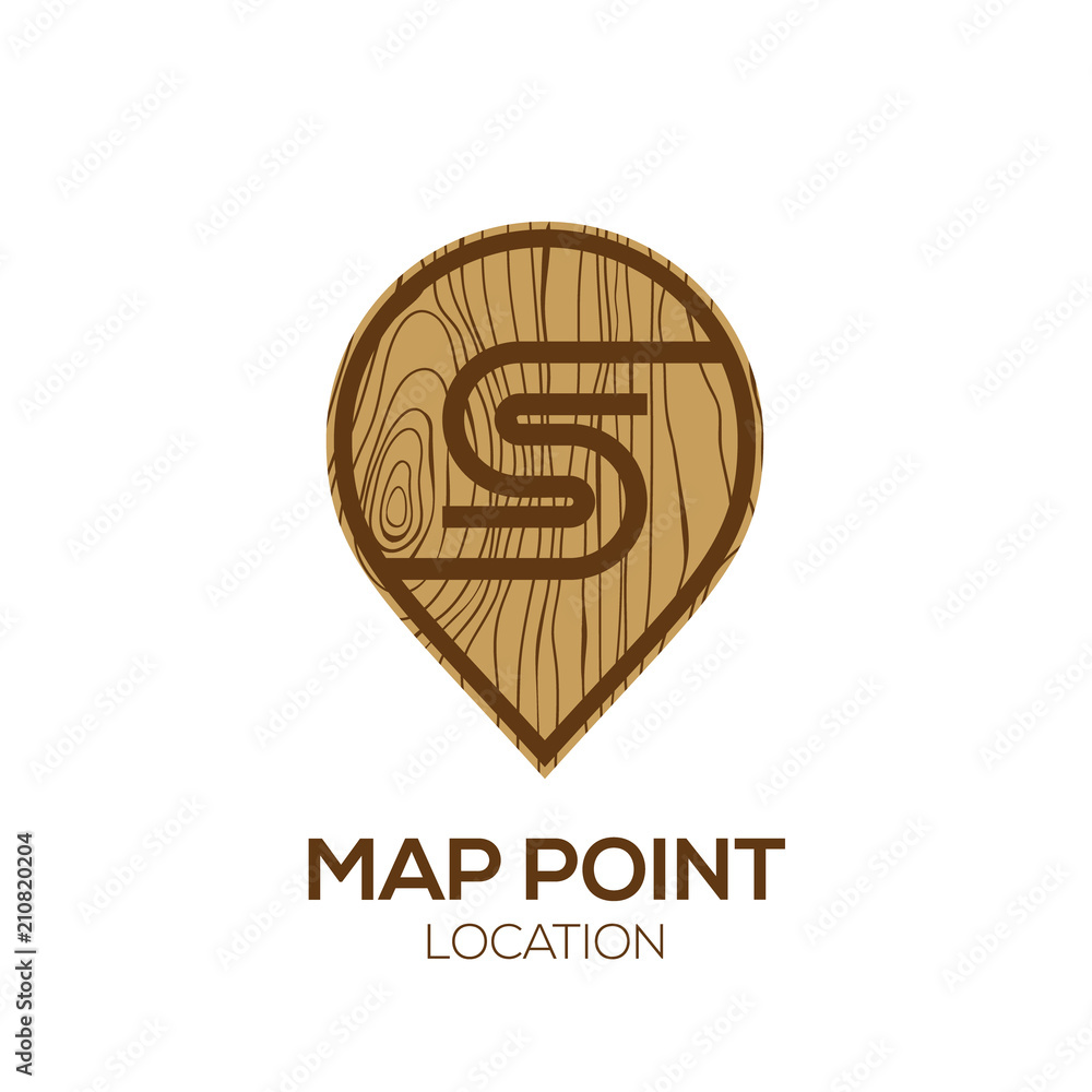 Letter S Logo Map Point Location with wooden texture, Pin maps symbol ...