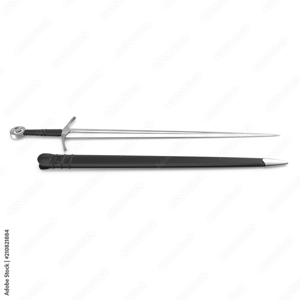 Medieval Knight Sword with Sheath on white. Side view. 3D illustration ...