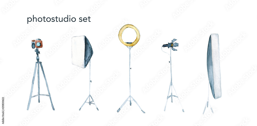 Watercolor hand drawn sketch illustration photoshoot set with camera ...