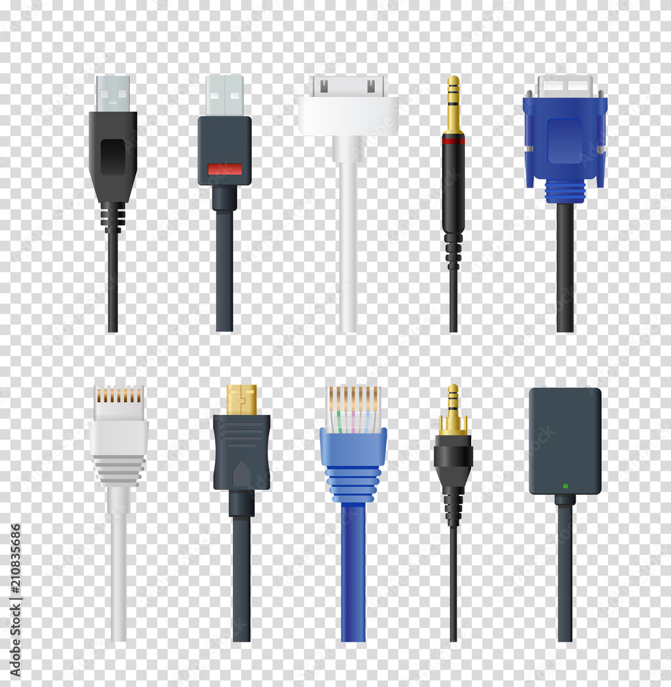Vector illustration set of different plugs and wires, color various ...